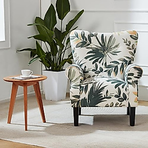 MELLCOM Mid Century Wingback Arm Chair,Modern Upholstered Fabric High Back Accent Chair with Wood Legs,Upholstered Single Sofa Club Chair for Living Room, Bedroom, Home Office, Green Leaves