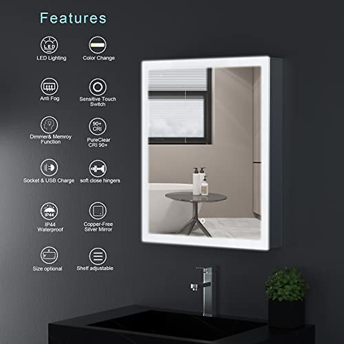 Wemin Smart Home Surface 24x30 Inch LED Mirror Medicine Cabinet with Adjustable Color Temp, LED Lighted Medicine Cabinet w/Defogger, Light Color Dimmer(2700-6500K), Outlets & USB (24x30)