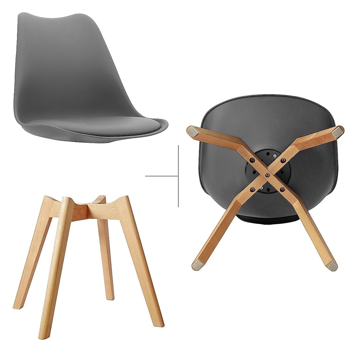 CangLong Mid Century Modern Side Chair with Wood Legs for Kitchen, Living Dining Room, Set of 2, Grey