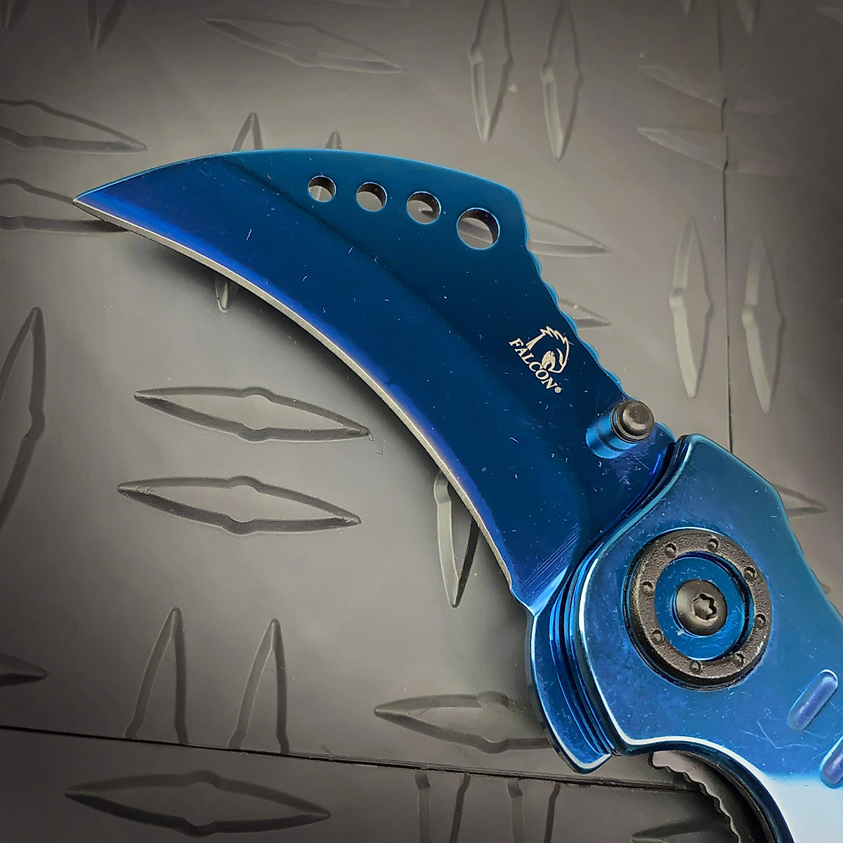 7.5" Blue Falcon Claw Full Metal Pocket Folding Knife. Stainless Steel Blade. For Compaing, fishing, Outdoor Use and EDC (Blue)