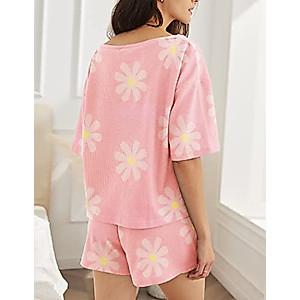 Ekouaer Women Lounge Set Waffle Short Sleeve Pajamas Set Two Pieces Loungewear Cute Nightwear Pink S