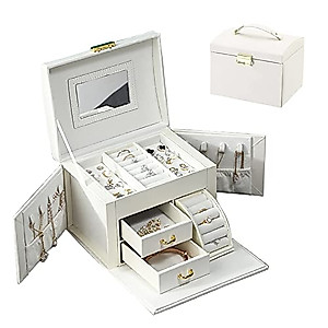 DREAM&GLAMOUR Jewelry Boxes for Women,3 Layer PU Leather Jewelry Organizer Box with Mirror and Lock.Medium Sized Portable Travel Jewelry case for Earrings Bracelets Rings Necklace-Milk White