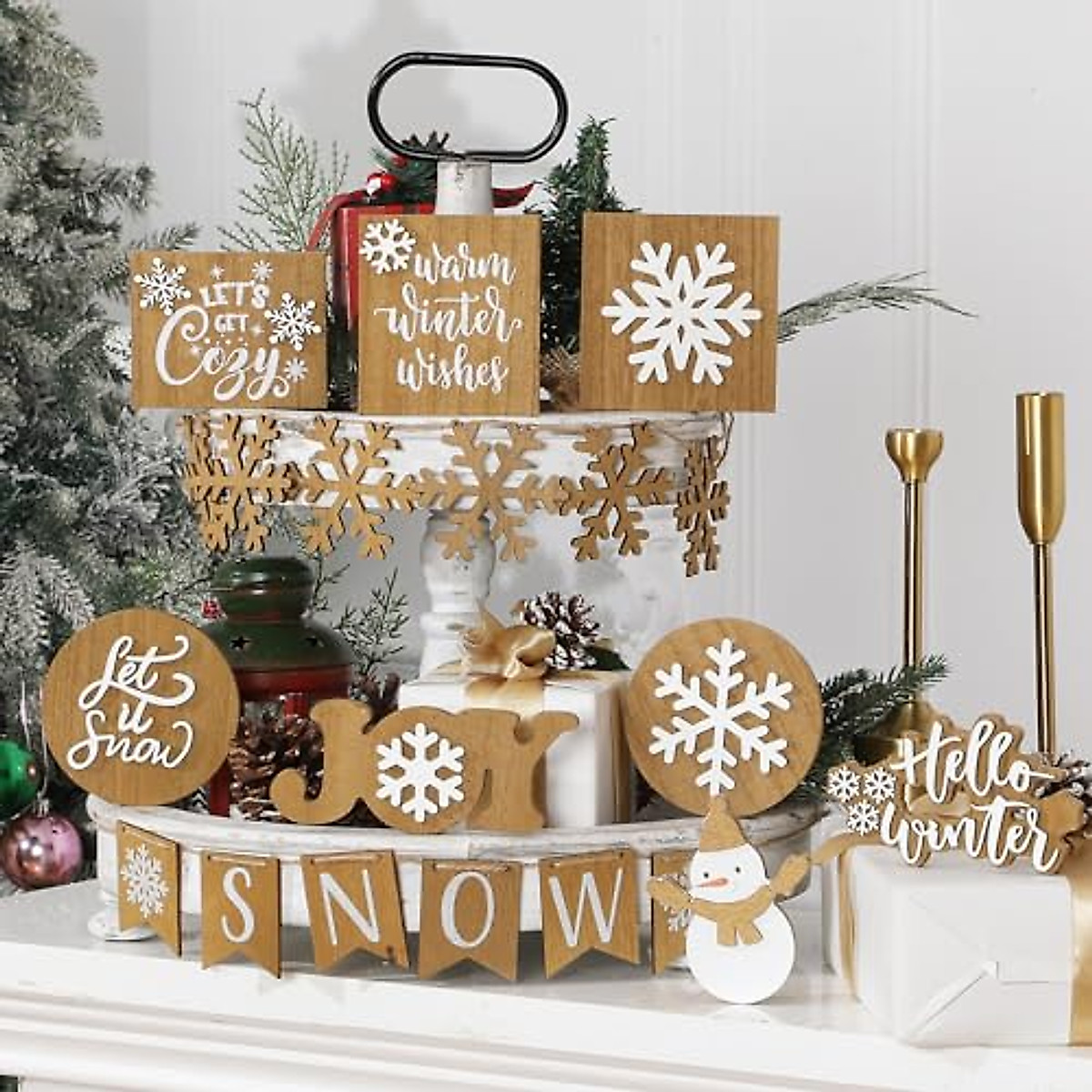 Chitidr 20 Pcs Tiered Tray Set - Christmas Snowflake Table Decor Snowman Rustic Farmhouse Wood Sign Hello Winter Tabletop Sign Decor for Xmas Winter Holiday Table Shelf Home