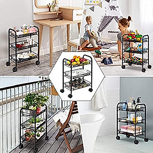 Rolling Storage Cart 3-Tier Metal Mesh Basket Shelves Kitchen Organizer with Wheels(Black)
