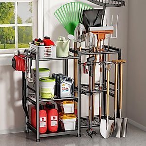 CICUFY Garden Tool Organizer Storage Metal Yard Tool Organizer Heavy Duty Garden Tool Rack Stand with 2 Extra Hooks, Up To 70 Long Handled Shovels/Rakes/Brooms Holder for Garage,Shed,Outdoor(Black)