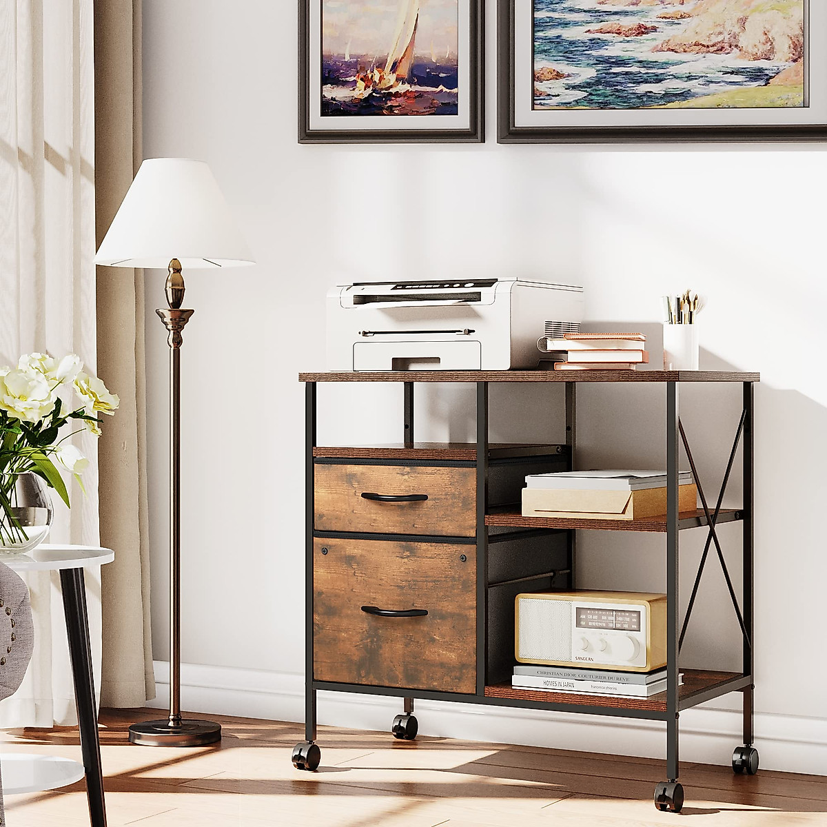 YITAHOME 2 Drawer Mobile File Cabinet, Rolling Printer Stand with Open Storage Shelf, Lateral Fabric Filing Cabinet for Home Office, Fits A4/Letter Size (Brown)