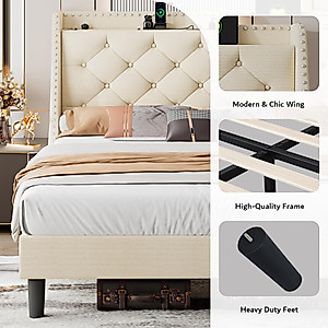iPormis Full Bed Frame with 16" Comfort Wingback & Charging Station, Upholstered Platform Bed with Button Tufted Storage Headboard, Solid Wood Slats Support, No Box Spring Needed, Beige