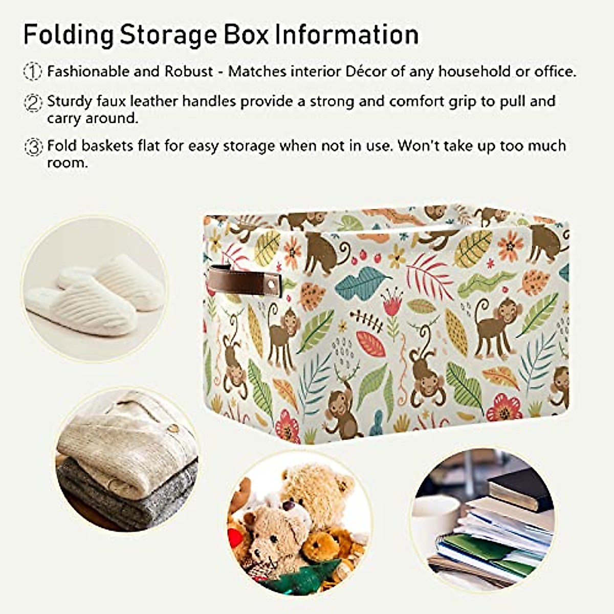 xigua Cute Monkeys In The Jungle Foldable Storage Bin, Collapsible Sturdy Fabric Storage Basket Cube W/Handles, Storage Box for Organizing Toys Nursery Shelf Closet Bedroom Office 2PCS