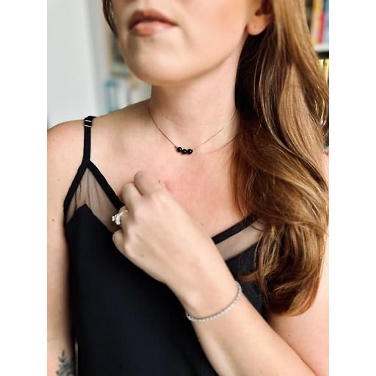 Sereney Black Tourmaline Necklace Sterling Silver Choker Necklace for Women, Black Choker Necklaces with Black Tourmaline Crystals as Birthstone Jewelry for Girls, Black Bead Stone Jewelry Gifts