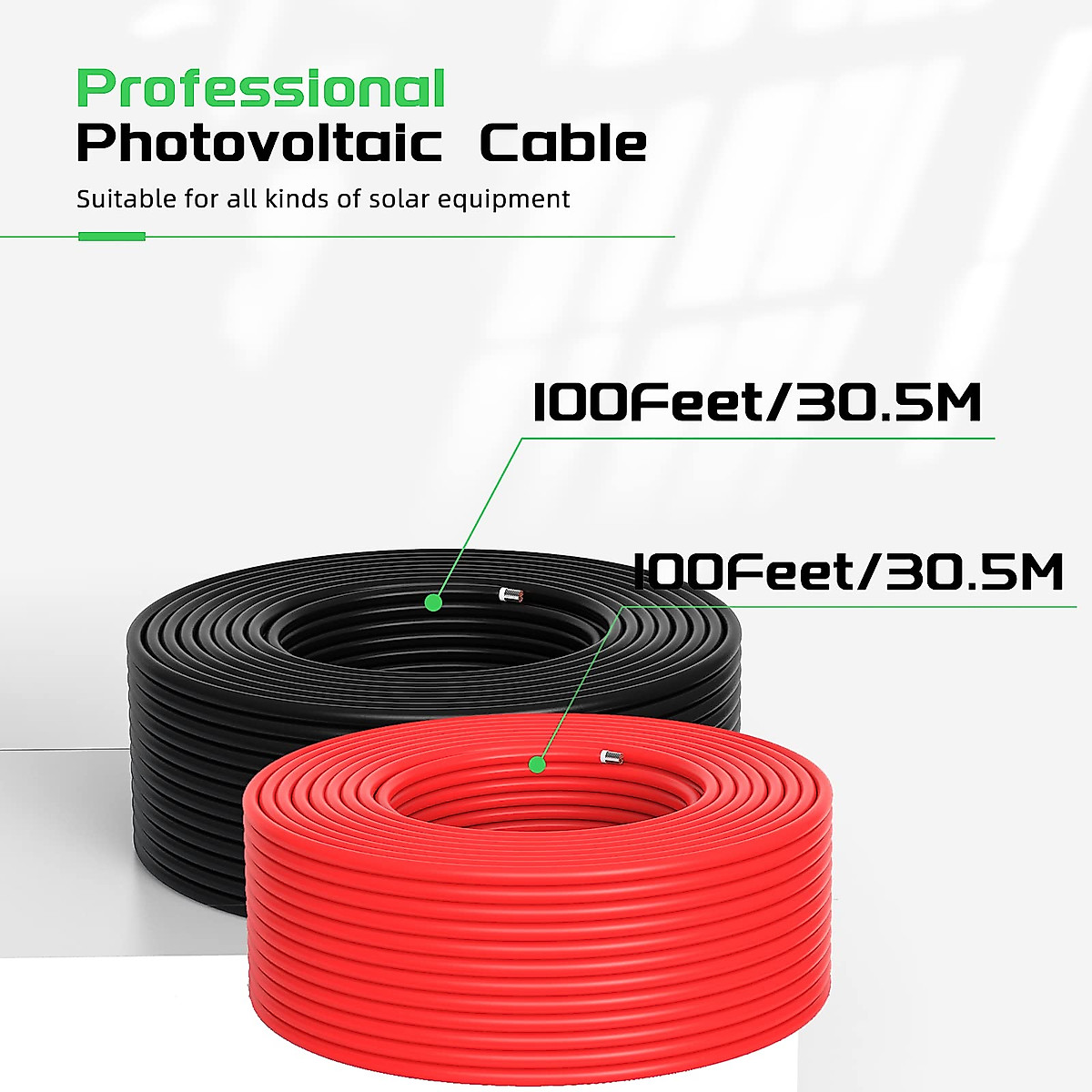 Bateria Power Solar Panel Cable 100FT Red and Black, 2Pack Solar Extension Cable, 10AWG (6mm²) Tinned Copper Wire for Outdoor Automotive RV Boat Marine Solar Panel- Black