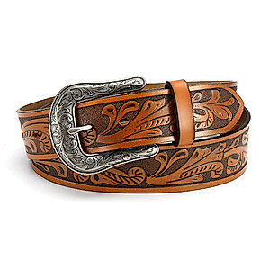 CR Western Belts for Women - 1.5" Leather Cowgirl Belt for Jeans Pant - Country Belts for Women with Big Vintage Buckle