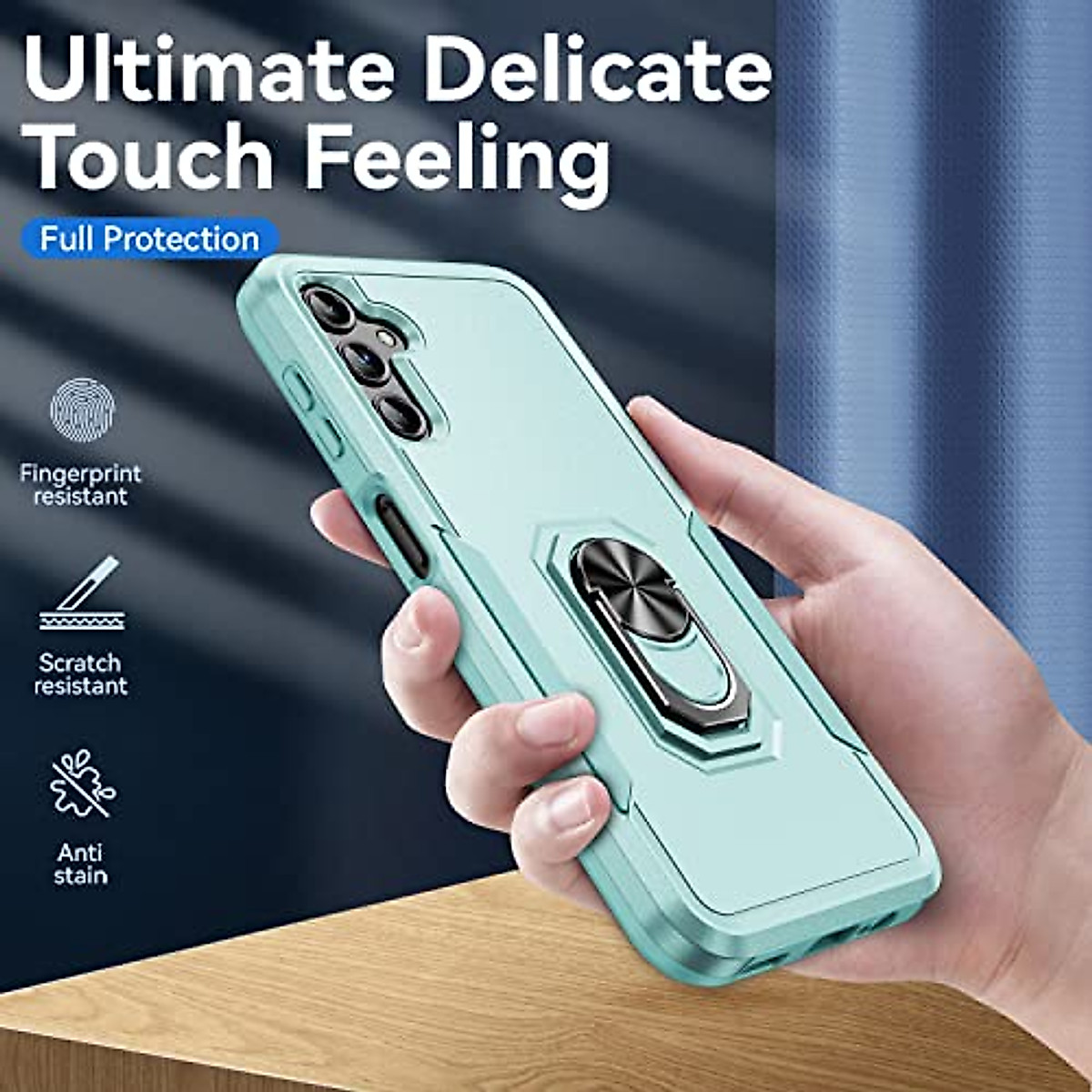 Samsung Galaxy A14 5G Case with Screen Protector, Military Grade Dual Layer Shockproof Heavy Duty Shockproof Full Body Protective Phone Cover, Built in Rotatable Magnetic Ring Holder for A14 (Green)