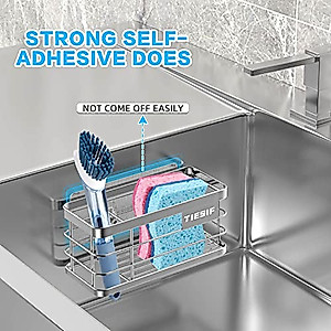 TIESIF 3 in 1 Sponge Holder for Kitchen Sink,Stainless Steel SUS304,Sink Caddy Kitchen Sink Organizer,Adhesive Sink Brush Holder Rust Proof Water Proof No Drilling