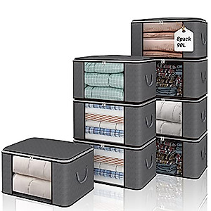 Fixwal 8 Pack Large Clothes Blankets Storage Bags Foldable Organizer Storage Containers for Comforters, Bedding, Clothing, Fabric Closet Storage Bins with Sturdy Zipper Handle Clear Window, 90L Grey