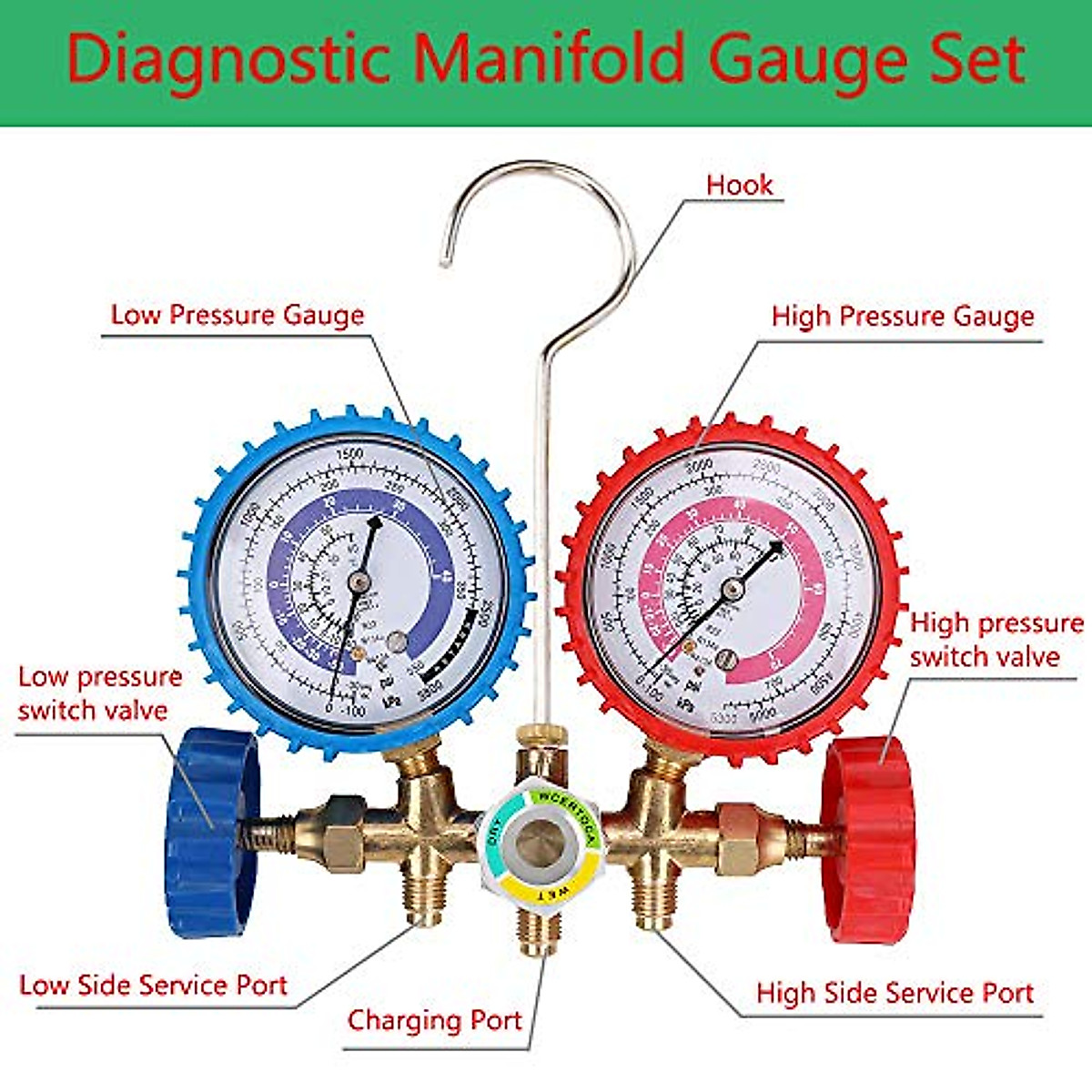 Refrigerant Charging Hoses with Diagnostic Manifold Gauge Set for R410A R22 R404 Refrigerant charging,1/4" Thread Hose Set 60" Red/Yellow/Blue (3pcs) with 2 Quick Coupler