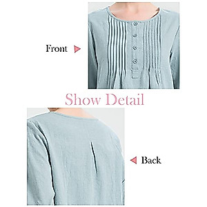 Minibee Women's Scoop Neck Pleated Blouse Solid Color Lovely Button Tunic Shirt White M