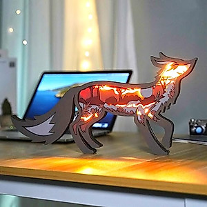 3D Wooden Animals LED Night Light, Art Wall Home Hanging Decor Carving, Wood Carved Lamp Modern Festival Decoration Desktop Desk Table Living Room Bedroom Farmhouse Office Shelf (Fox)