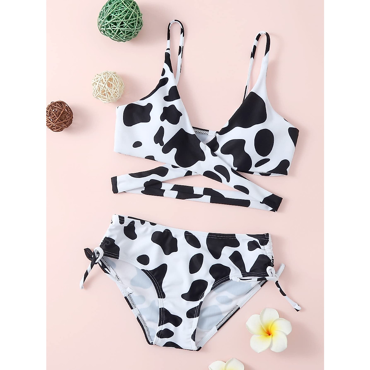 Milumia Girl's Cute Swimsuits Cow Print Wrap Knot Side Bikini Set 2 Piece Criss Cross Bathing Suit Black and White 11-12 Years
