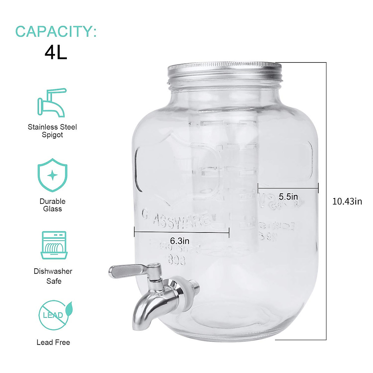 1 Gallon / 4000ml Clear Mason Jar With Lids, Airtight Glass Jars With Stainless Water Faucet and Ice Cylinder Perfect for Beer, Sun Tea, Coffee, Coke and Cold Drinks, 2 pack