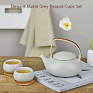 ZENS Ceramic Teapot with Infuser, Bentwood Handle Japanese Loose Leaf Tea Pot, 27 Ounces Matte Grey 2 Cup Teapot for Afternoon Tea Women Gift