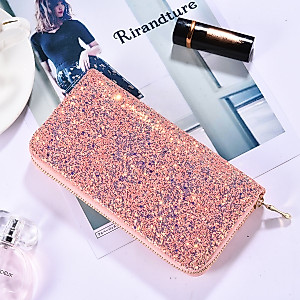 Laimi Duo Women Sparkle Pink Glitter Wallet RFID Blocking Purse Multi Card Organizer Evening Clutch for Teen Girls