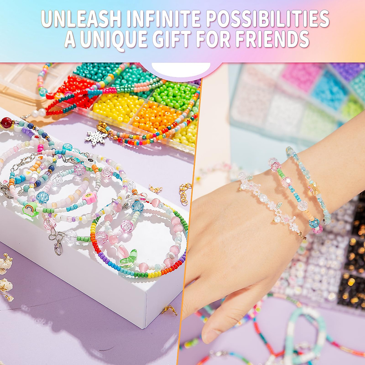 Goldwise Friendship Bracelet Kit - 16000 pcs with 48 Colors Glass Seed Beads (2/3/4mm), 24 Colors Clay Beads, 7 Styles Letter Beads (A-Z), Variety of Charms, DIY Jewelry & Bracelet Making Crafts