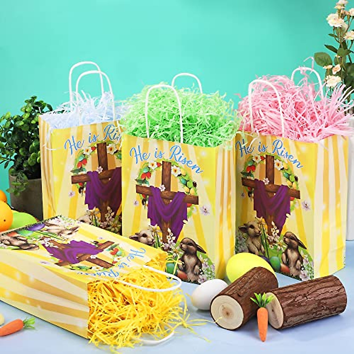 MIMIND 24 Pieces Easter Bunny Paper Gift Bags Inspiring He Is Risen Sign Candy Goodie Bags with Double Handles and Rayon Raffia for Easter Theme Bible Party Favors Egg Hunt Supplies