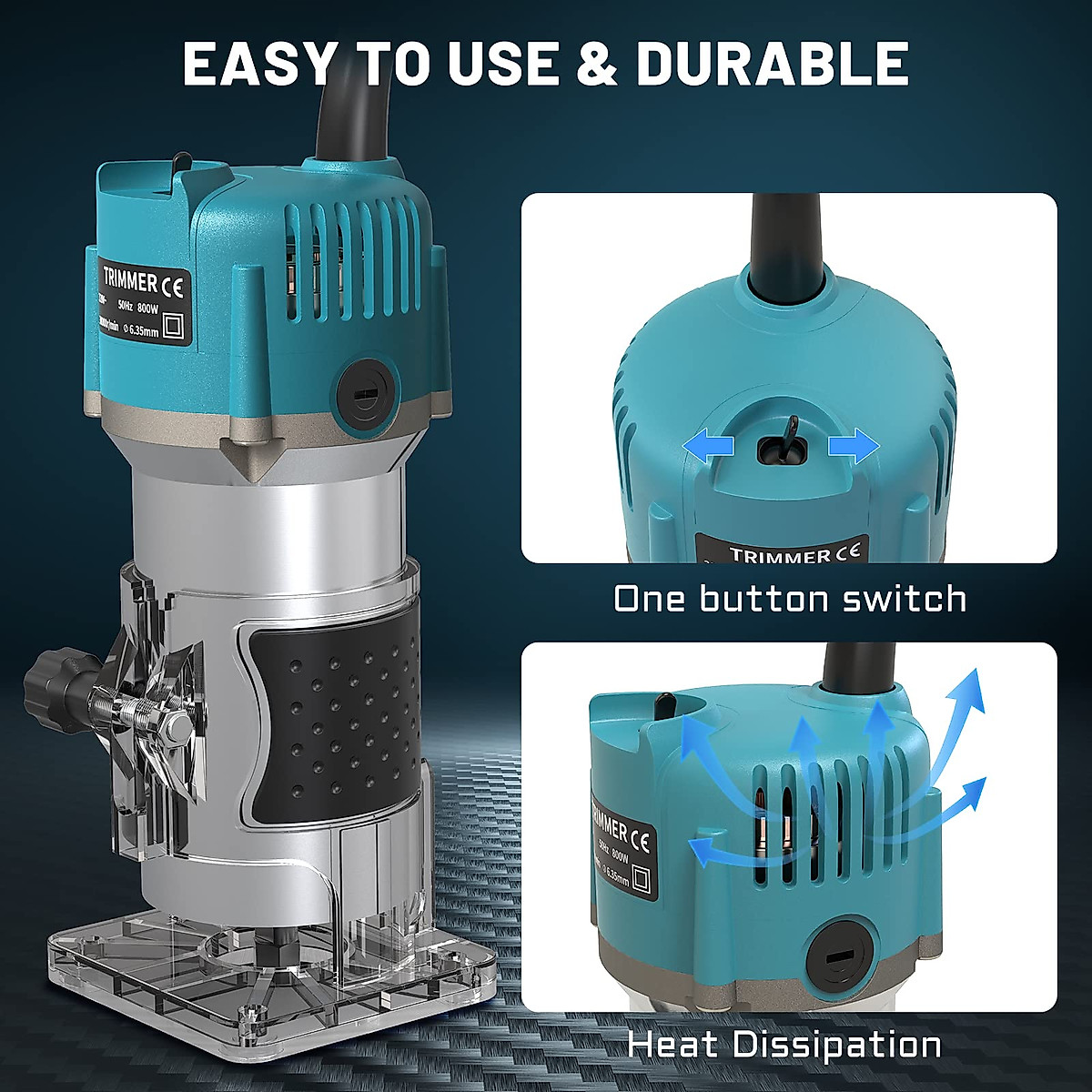 TwoWin Router Tool, 110V 800W Compact Wood Router Tool for Woodworking, Electric Hand Trimmer 1/4" Collets Palm Wood Router Tools Laminate Trimmer + Tungsten Carbide Router Bits 15-Piece Set