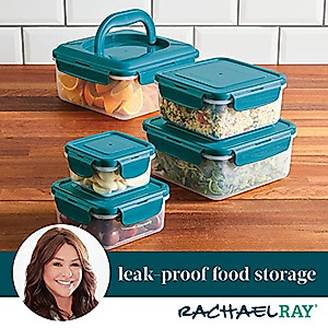 Rachael Ray Leak-Proof Nestable Container Food Storage Bin Set, 10-Piece Square, Teal Lid