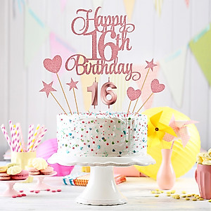 Lecferrarc 16th Birthday Cake Decorations, 16th Birthday Candles Cake Numeral Candles and Glitter Happy 16th Birthday Cake Toppers Set for Birthday Party Supplies (Rose Gold)
