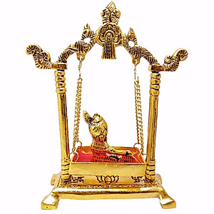KridayKraft Laddu Gopal on Jhulla Palana Metal Statue Gold Plated Decor Your Home,Office Metal Krishna Murti,Showpiece Figurines,Religious Idol Gift Article.