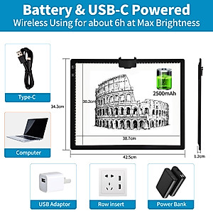 KOBAIBAN Wireless A3 LED Light Pad with Foldable Stand, Top Clip, 3 Colors/Stepless/ 6-Level Dimmable Brightness Rechargeable tracing Light Box/Board for Cricut Vinyl, Weeding Tool, Diamond Painting