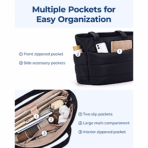 BAGSMART Tote Bag for Women, Lightweight Puffy Tote Bag with Compartments Shoulder Bag Handbag Quilted Shoulder Bag Handbag for Travel, Work, Beach, Gym, Shop (Black)