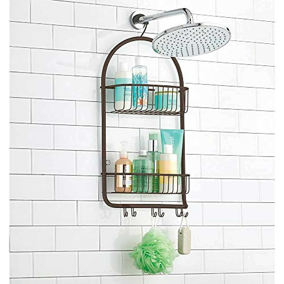 mDesign Extra Wide Hanging Shower Caddy Storage Organizer, Metal Wire Bathroom Organization Center with Built-In Hooks and Baskets on 2 Levels for Shampoo, Body Wash, Loofahs - Bronze