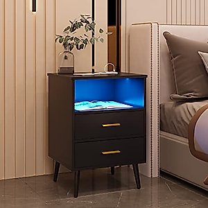 FREDEES Black Nightstand with LED Lights&2 USB Charging Station,Bedside Table with 2 Drawer&Open Storage Shelf, Modern Design End Side Table for Living Room,Smart Night Stand with Human Body Induction