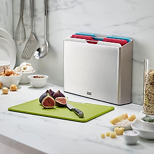 Joseph Joseph Folio Plastic Kitchen Cutting Board Set with Storage Case Color-Coded Easy-Access Design Dishwasher Safe Non-Slip, Large, Silver