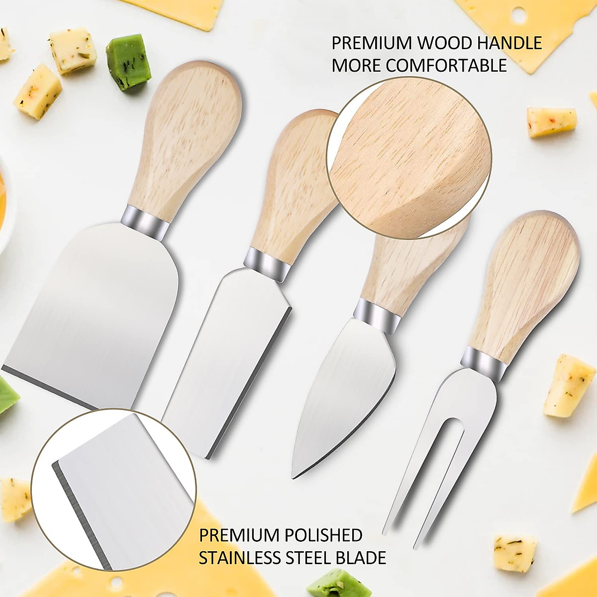 Tymoosty Cheese Knives, 4PCS Cheese Knife Set, Cheese Knives for Charcuterie Board with Wooden Handle, Mini Steel Stainless Cheese knife set