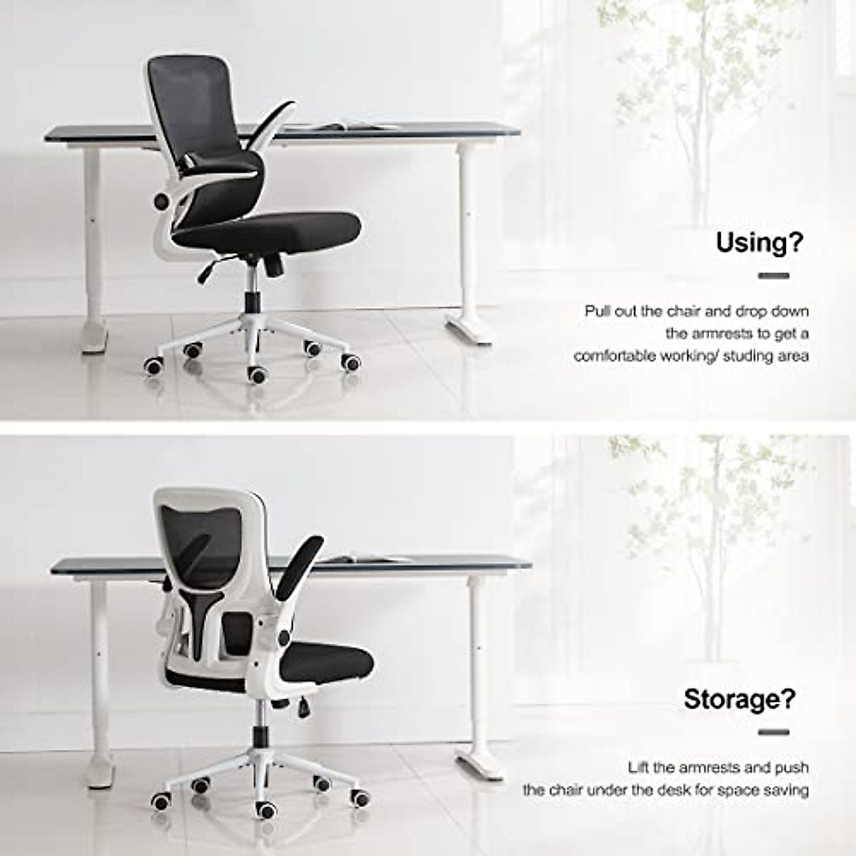 Office Chair Height-Adjustable Ergonomic Desk Chair with Self-adaptive Lumbar Support, Breathable Mesh Computer Chair High Back Swivel Task Chair with Flip-up Armrests - White