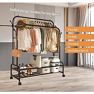 Antiwar Sturdy Metal Double Rodding Clothes Rack With Wheels, Portable Clothing Rack With Shelves & Hooks, Heavy Duty Garment Racks for Hanging Clothes, Multi-Functional Closet Rack for Bedroom, Black
