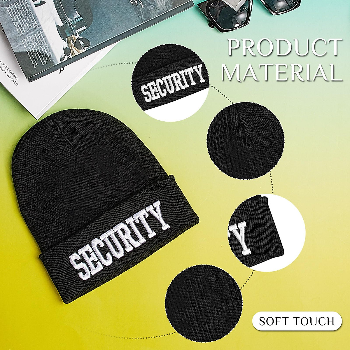 Panitay 12 Pcs Cuffed Beanie Knitted Beanie Hat Embroidered Hat Black Winter Skull Cap for Men Women (Black, White,Security)