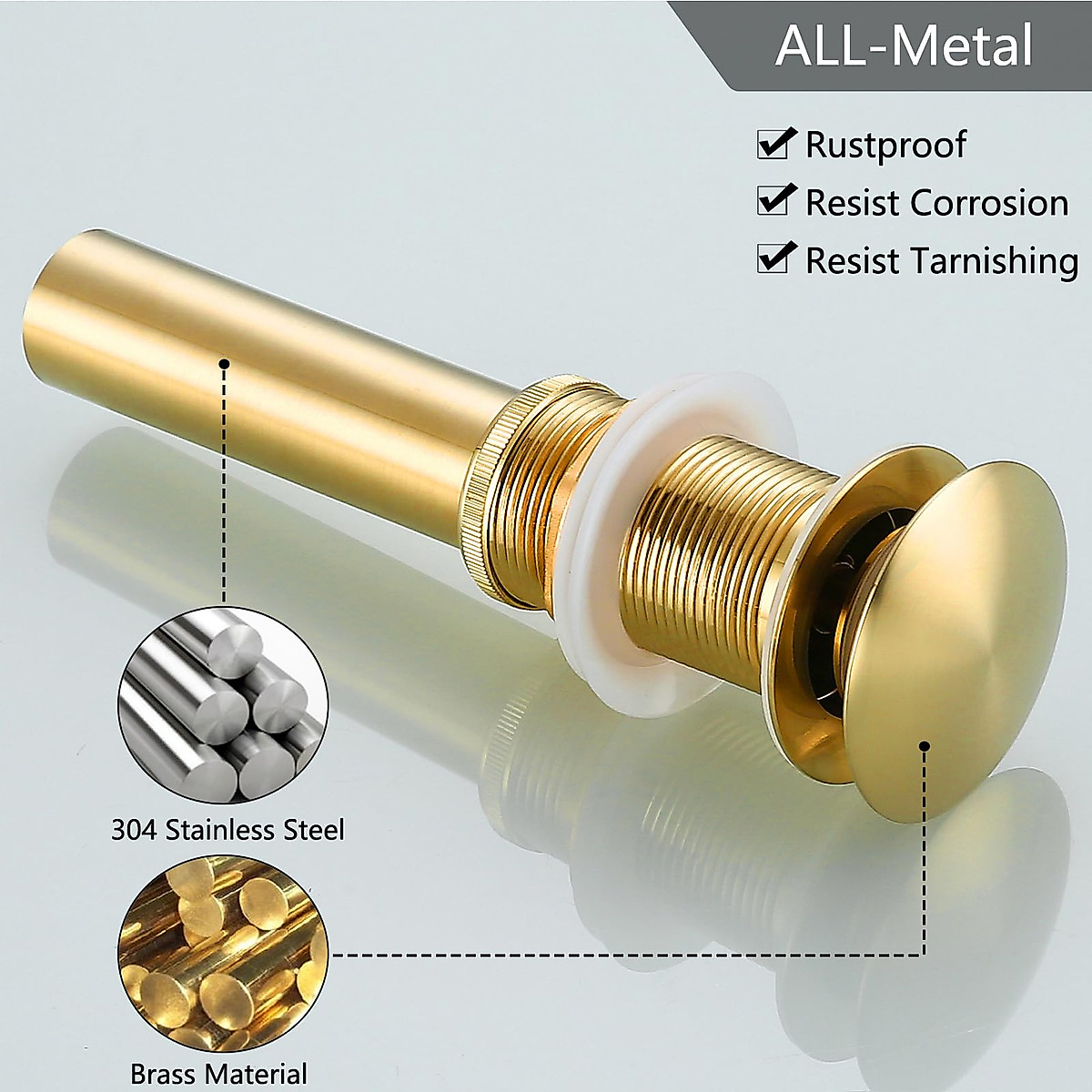 SWHYGER Bathroom Sink Pop Up Drain Without Overflow,Brass Pop Up Sink Drain Assembly Brushed Gold,83606BG.