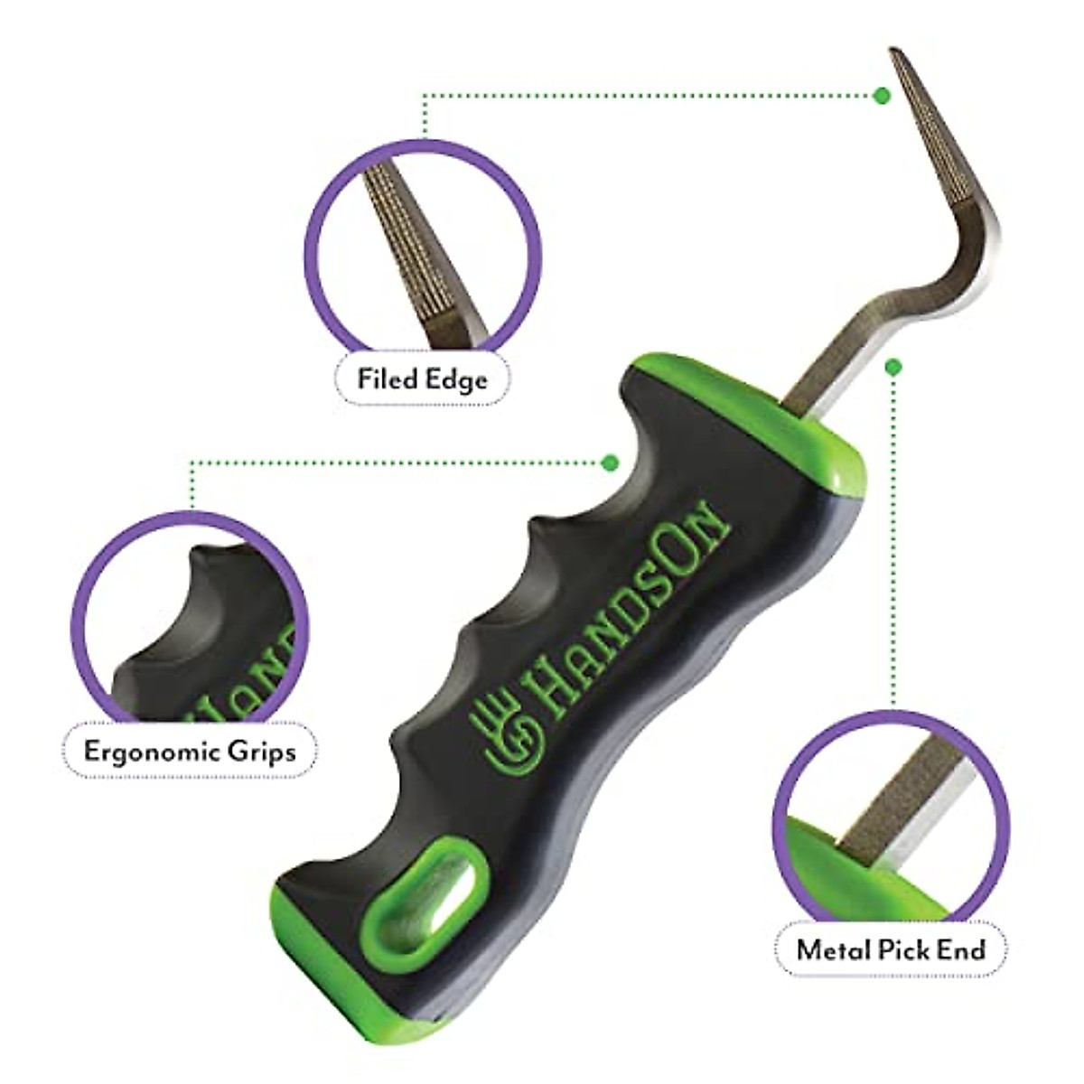 Handson Hoof Pick - Horse Grooming Supplies for Daily Cleaning & Maintenance - Metal Pick w/Hoof Filer for Horses - Ergonomic Grip