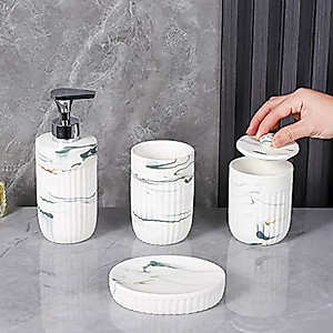 Bathroom Accessories Set with Grey Marble Look Ink White, Toothbrush Holder, Canister, Soap Dispenser, Soap Dish, Modern Bathroom Decoration,Ceramic High Grade Gift Packaging for Women and Men.