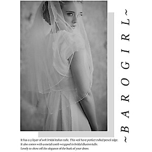 Unsutuo 2 Tier Wedding Veil Fingertip Length Veil Pencil Edge Bridal Tulle Veil Short Blusher Veil with Comb for Women and Girls (Ivory)