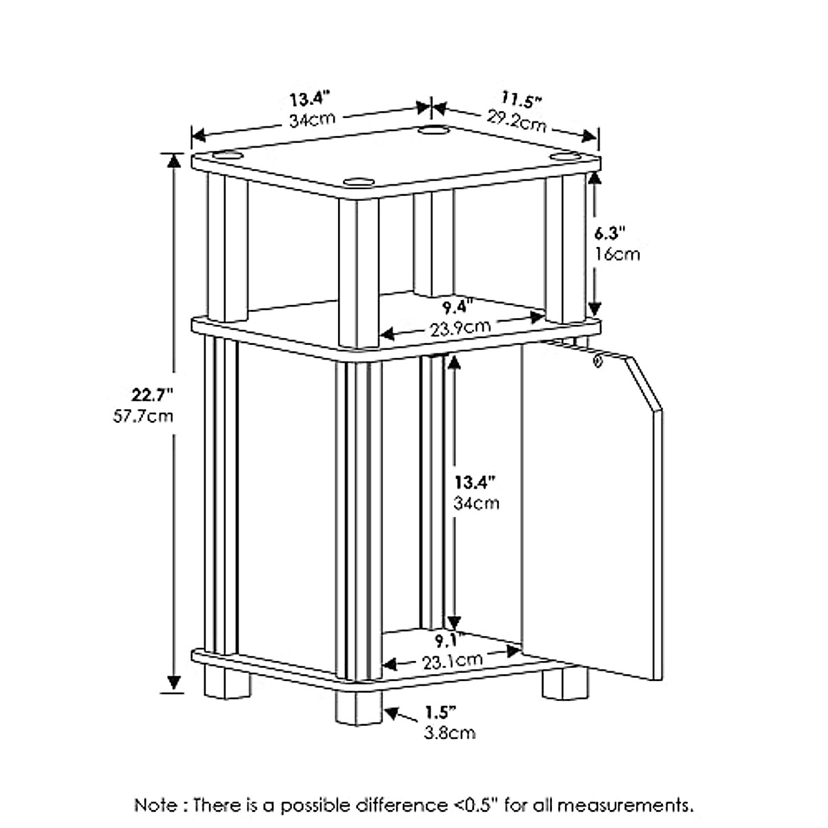 Furinno Brahms 3-Tier End Side Sofa Table/Nighstand with Door, 1-Pack, Espresso/Black