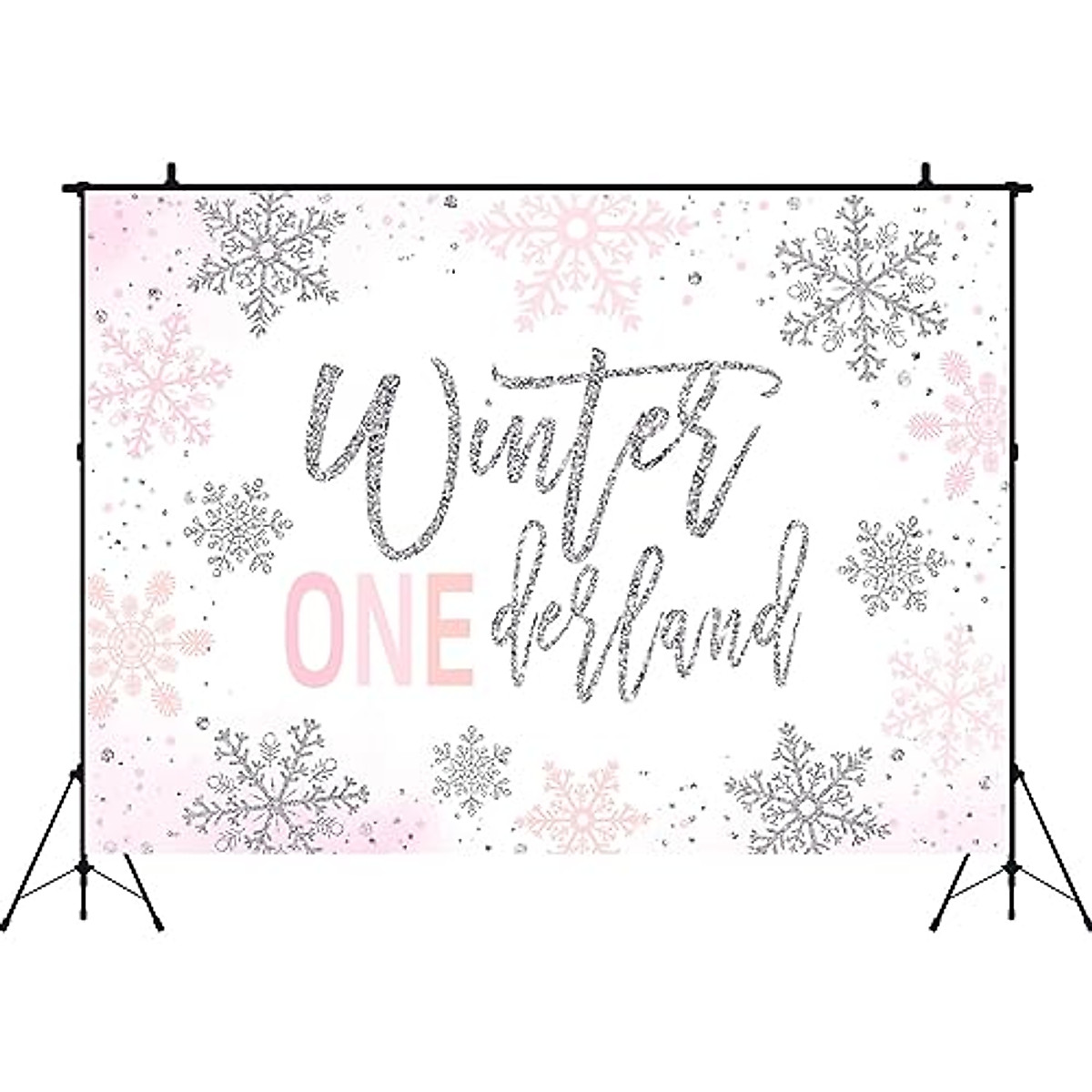 Aperturee 7x5ft Winter Onederland Backdrop 1st Christmas Birthday Snowflake Background Photography Newborn Baby Girl's First Bday Pink Silver Party Decoration Photo Booth Candy Table Decor Banner