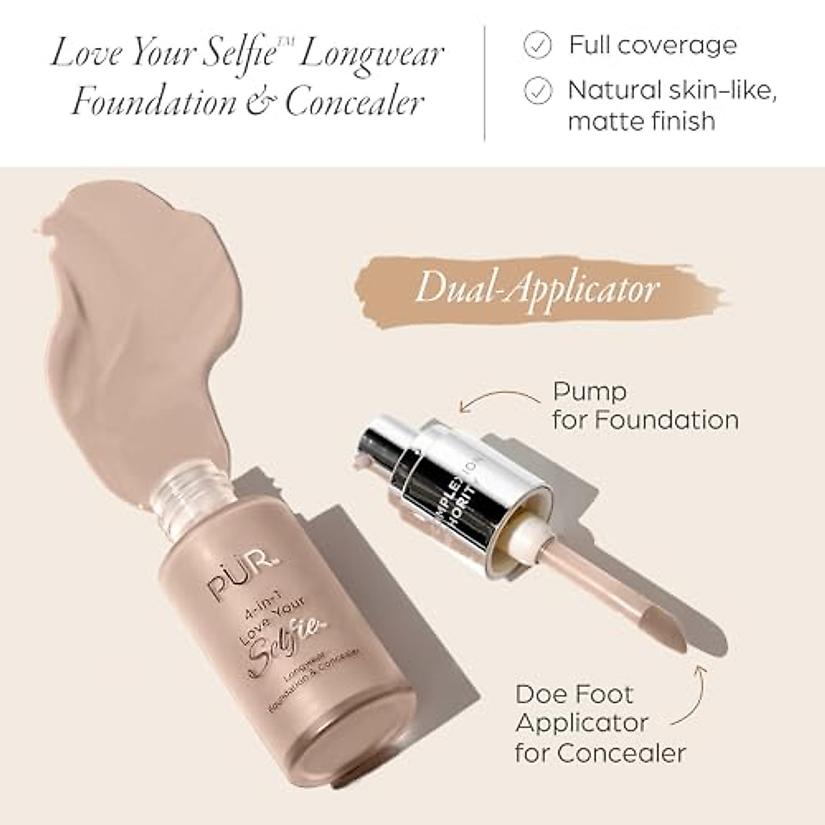 PUR Beauty 4-in-1 Love Your Selfie Foundation & Concealer - Longwear Full Coverage Liquid Makeup Foundation with Hydrating Blend for Refined-Looking, Natural Beauty Glow, Skin Texture & Tone