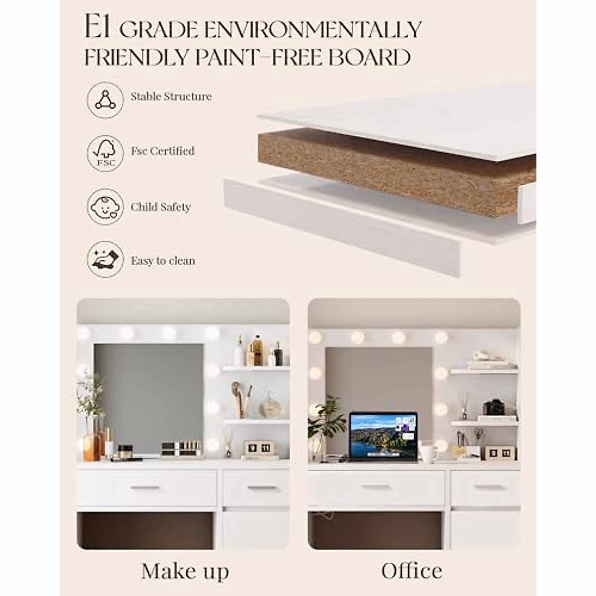 LIVELYGLOW Vanity Desk with Mirror and Lights, Makeup Vanity with Drawer & Storage Shelves, Cabinet, 3 Lighting Modes Adjustable Brightness, Bedroom Dressing Table, White