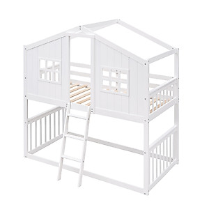 Harper & Bright Designs House Bunk Beds, Twin Over Twin Bunk Bed with Roof, Ladder and Windows, Floor Bunk Bed, Low Bunk Loft Bed for Kids Teens Boys & Girls, White