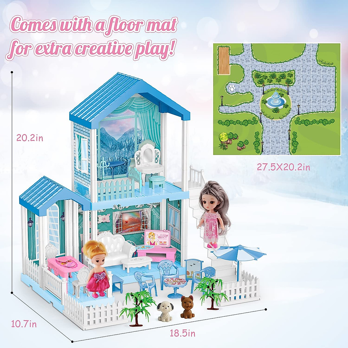 TOY Life Dollhouse - Doll House 4-5 Year Old with Lights - Toddler Girls Doll House 3-5 Year Old 20" x 19" x 11" with 2 Dolls 3 Princess Doll Dream House Rooms, Furniture & Dollhouse Accessories